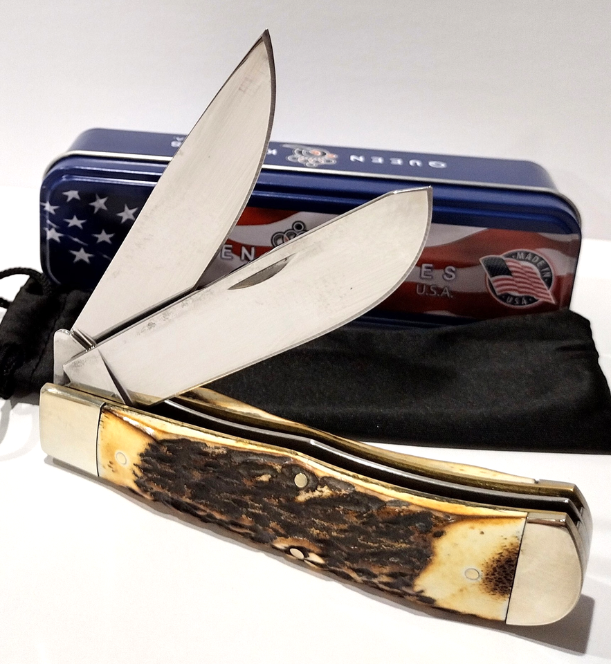 Queen USA Genuine Stag Bone Handle 2 Blade Trapper Folding Pocket Knife ...