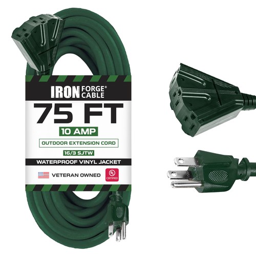 75ft Green Outdoor Extension Cord with 3 Outlets - 16/3 SJTW 75ft ...