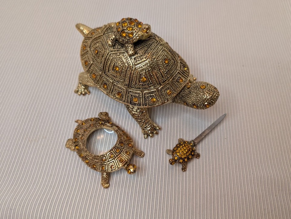 Vntg Bombay Brass Jeweled Turtle Trinket Box W/ Magnifying Glass ...