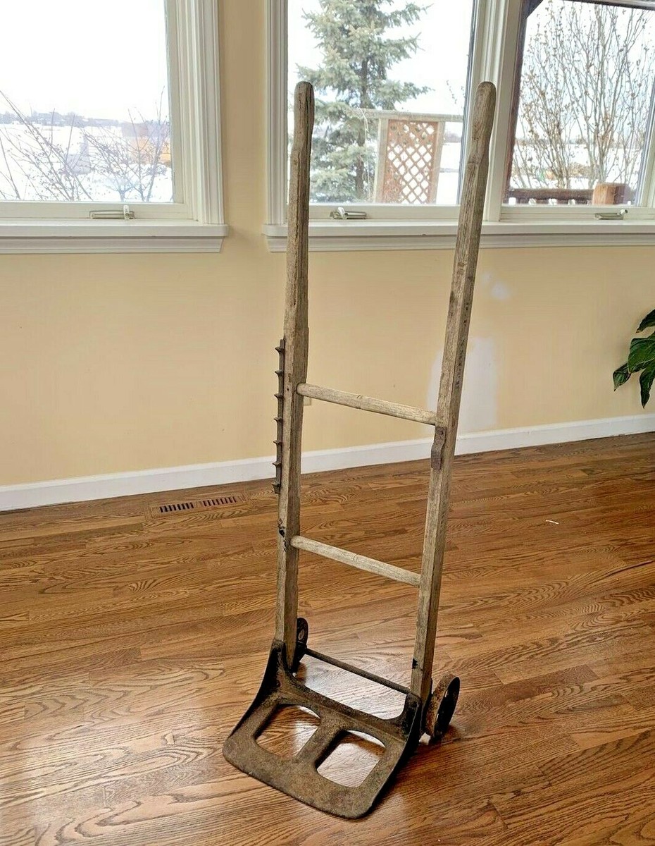 Antique Hand Truck Dolly Primitive Oak Industrial Cast Iron Wheels