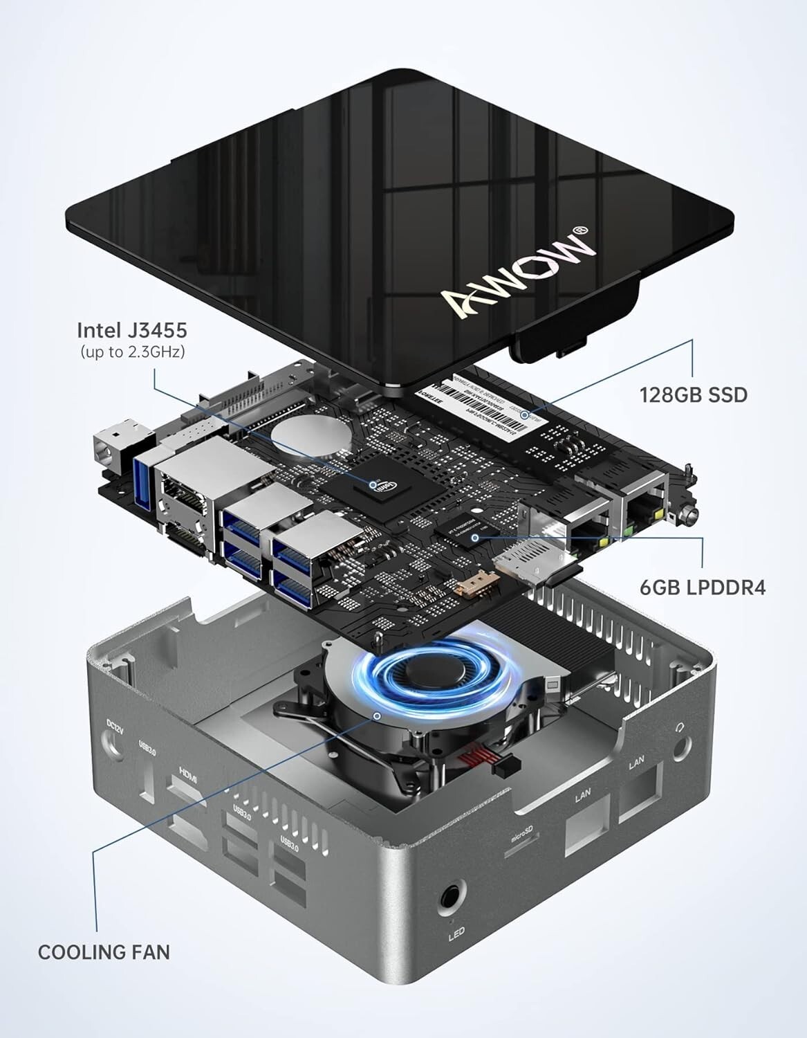 AWOW Mini PC Desktop Computer Intel Celeron J3455 6GB DDR4 128GB SSD