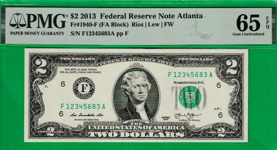 $2 TWO DOLLAR Federal Reserve note LADDER Serial Numbers 1-2-3-4-5-6-8 ...
