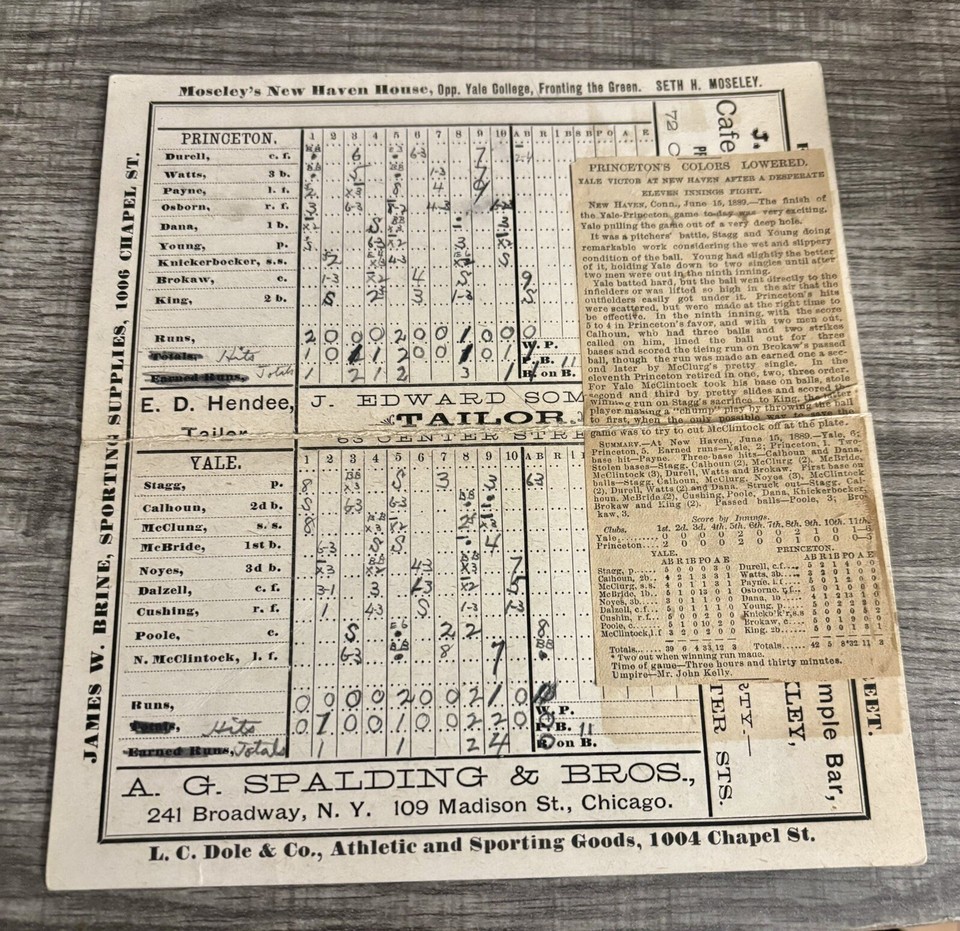 19th century Princeton v YALE 1889 Champ College Baseball game PROGRAM ...