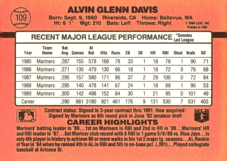 1990 Donruss #109 Alvin Davis - Seattle Mariners | eBay