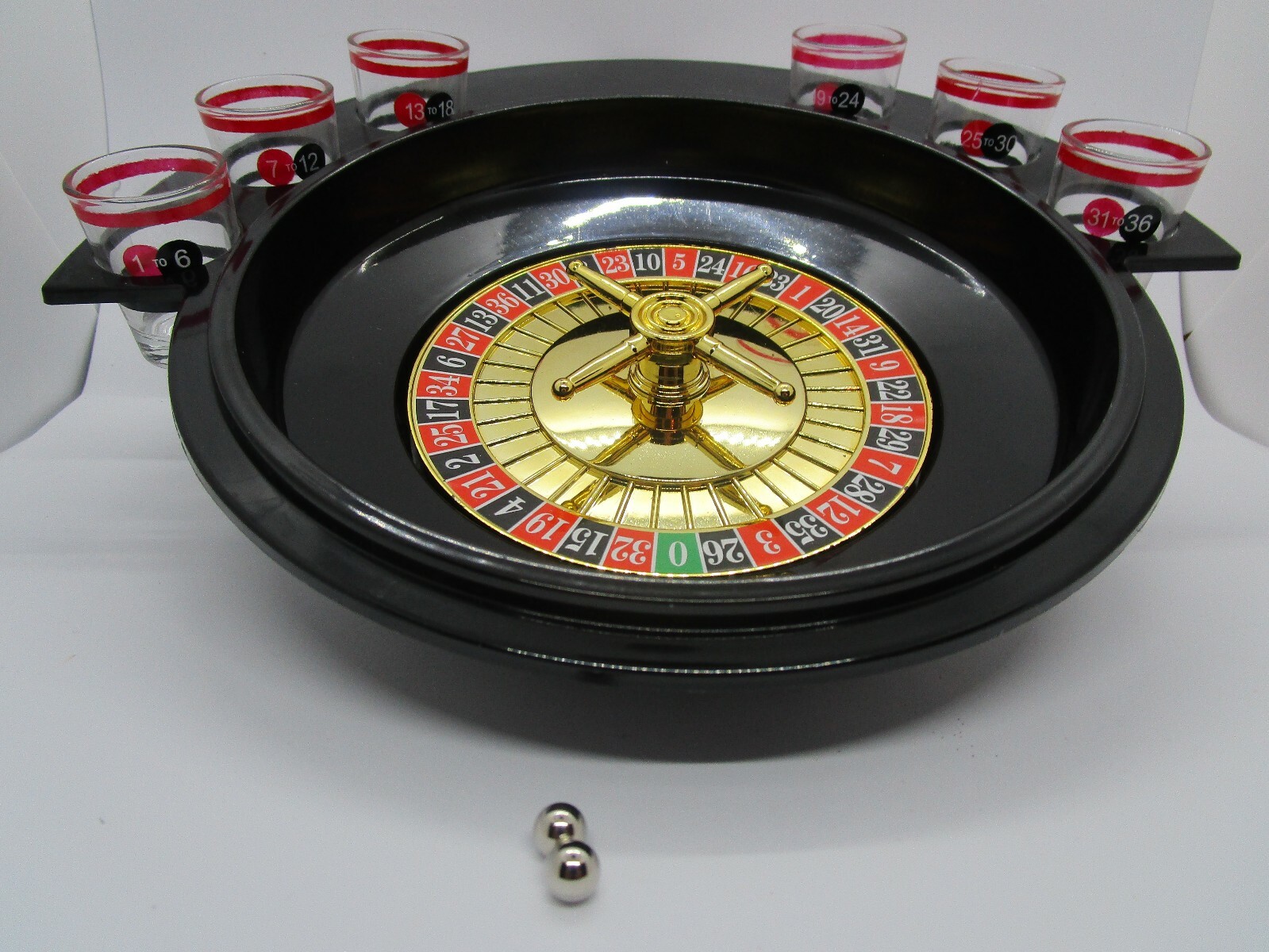 New In Box Roulette Bar Game Casino Wheel 6 Numbered Shot Glasses 2 ...