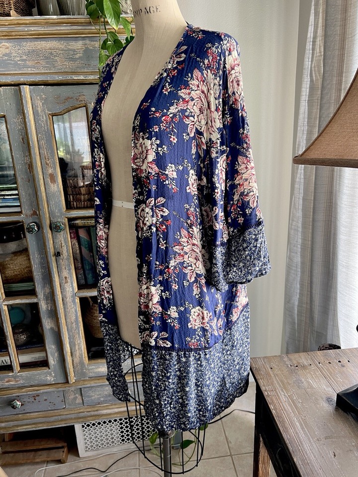 Knox Rose Kimono Duster Blue Floral Print Hippie Gypsy Boho Flowy Small ...