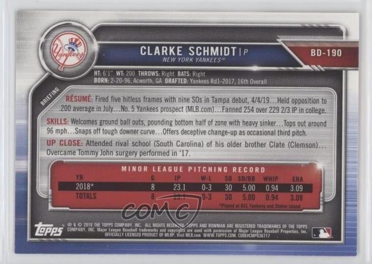 2019 Bowman Draft Gold /50 Clarke Schmidt #BD-190 | eBay
