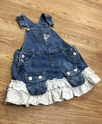 Girls Denim Bib Overall Jumper Dress Ruffle Trim Size 24 Months | eBay