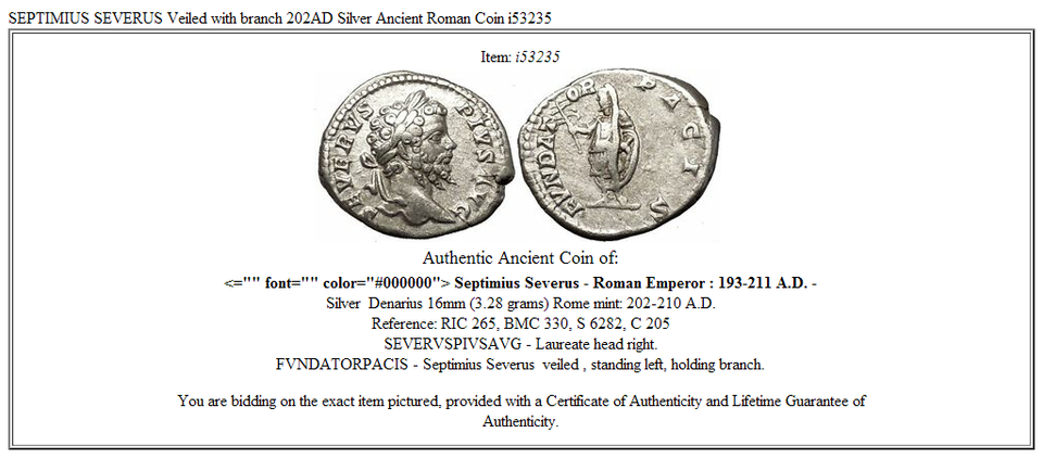 SEPTIMIUS SEVERUS Veiled with branch 202AD Silver Ancient Roman Coin ...