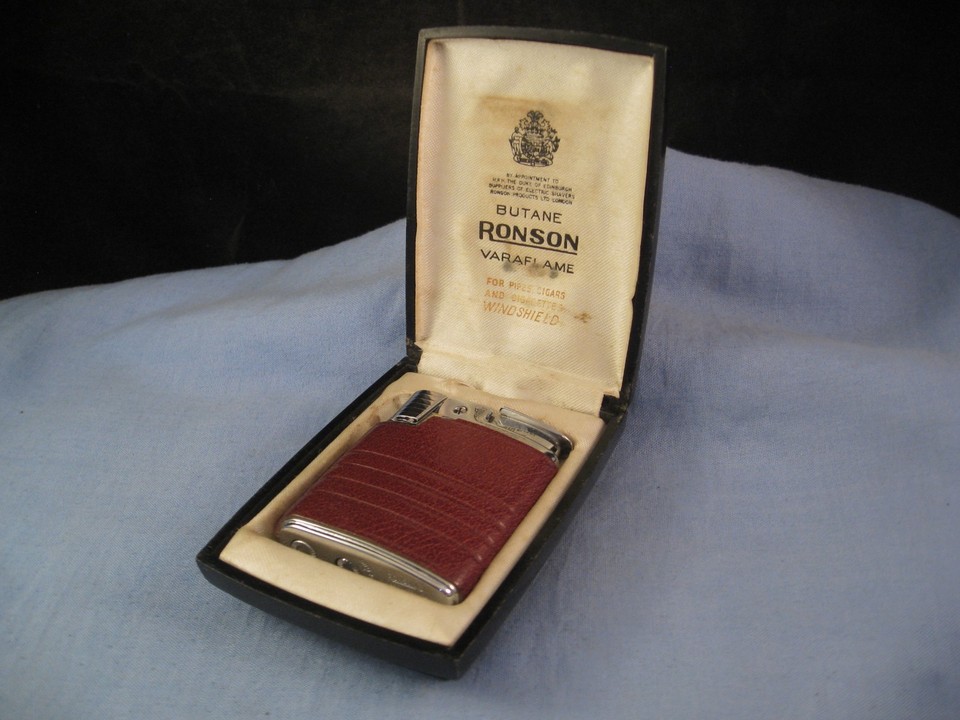 MINT VINTAGE RONSON WINDSHIELD POCKET PIPE CIGAR LIGHTER BOX LEATHER ...