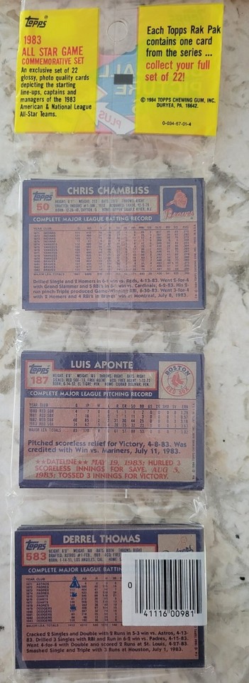 1984 Topps Baseball Rack Pack from Sealed Case Chris Chambliss On Back ...