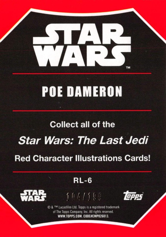 Star Wars Last Jedi 2017 RED RED LINE ARTWORK Parallel Insert Card RL-6 ...