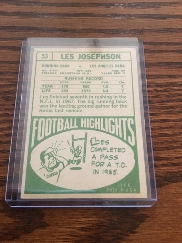 1968 Topps Football Les Josephson Los Angeles Rams Card #53 Great for ...