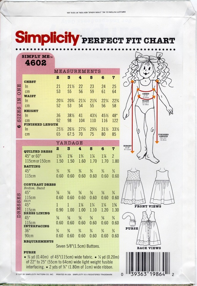 ©1997 Simplicity Simply Me Dress Sewing Pattern 4602 2-7 Child NEW ...