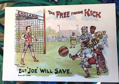 c1910 Postcard: POLITICAL SATIRE Soccer Theme: FREE TRADE KICK Arthur ...