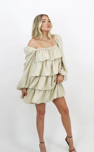 NWT WEWOREWHAT REVOLVE TIERED MINI DRESS CRINKLE CHIFFON CRÈME BRÛLÉE SIZE SMALL | eBay