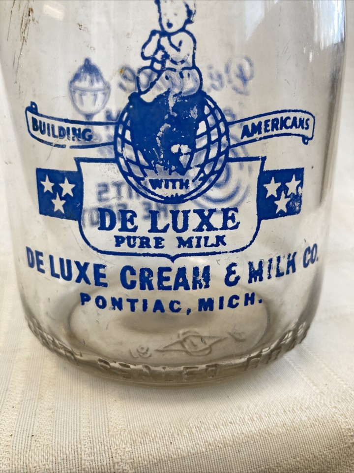 Vintage Quart Milk Bottle Deluxe Cream & Milk Pontiac Michigan De Luxe ...