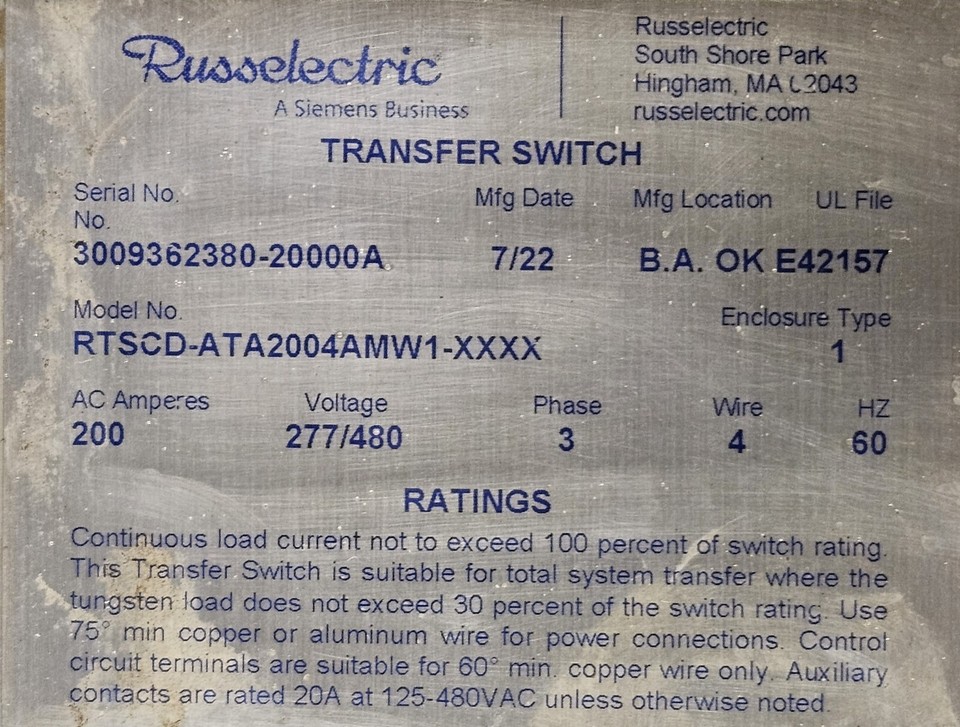 Russelectric 200 AMP RTS Automatic Transfer Switch RTSCD Controller ...