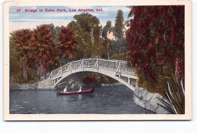 Couple Canoe Bridge Over River Echo Park Los Angeles CA WB Postcard Vtg ...