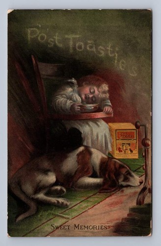 Sleeping Dog & Baby ~ Antique Post Toasties Cereal Advertising Postcard ...
