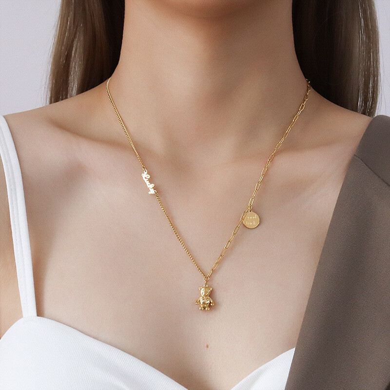 Woman 18K Gold Plated Stainless Steel Cute Bear Good Luck Disc Pendant ...
