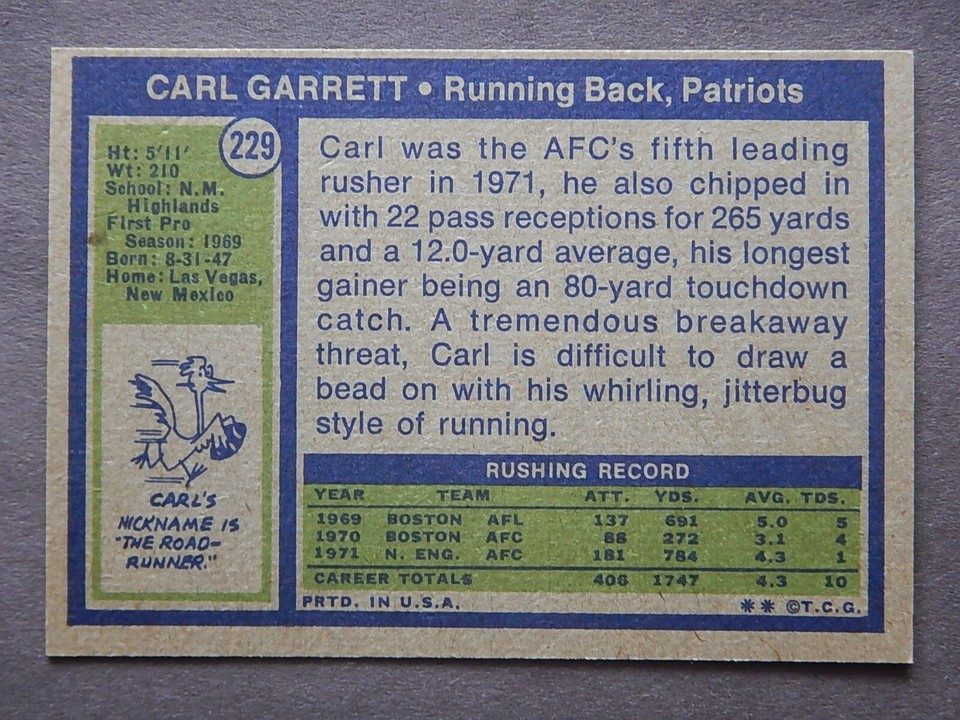 Carl Garrett #229 Topps 1972 Football Card (New England Patriots) VG | eBay