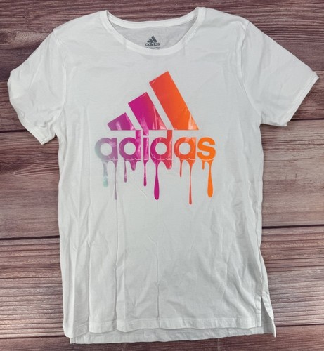 ADIDAS Shirt Girls XL 16 White Colorful Drip Wet Graphic Logo Short ...