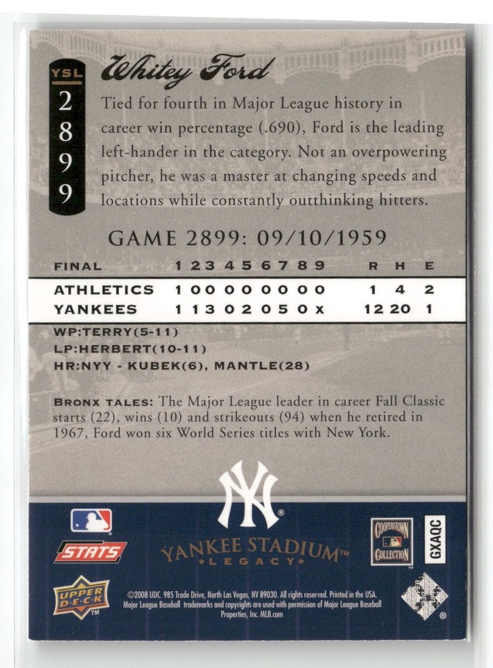 2008 Upper Deck Yankee Stadium Legacy #2899 Whitey Ford New York ...