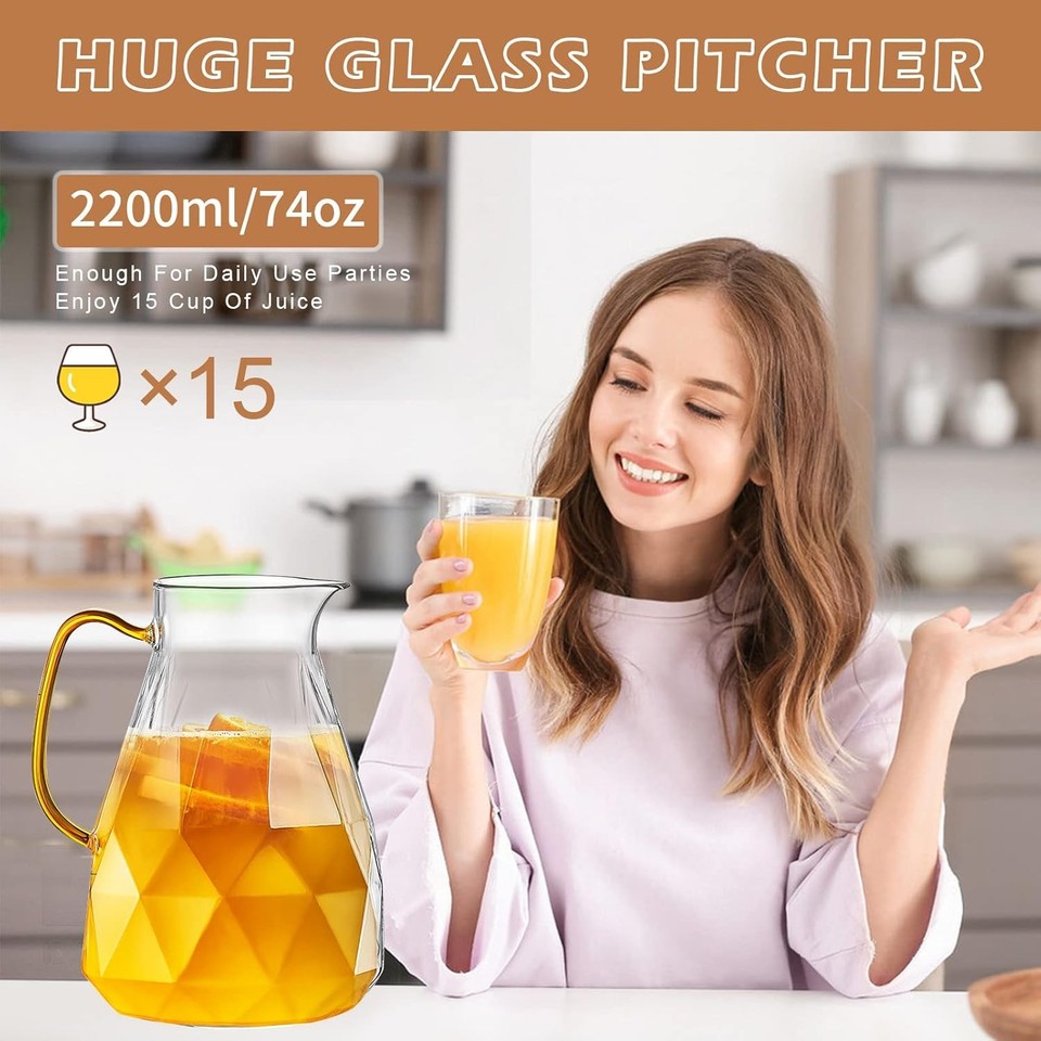 Glass Pitcher, 2.2 Liter Water Pitcher With Lid,Iced Tea Pitcher for ...