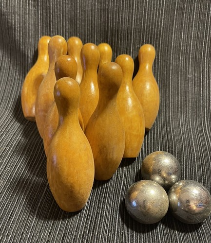 Vintage Turned Miniature Wooden Bowling Pins w/ Metal Balls | eBay