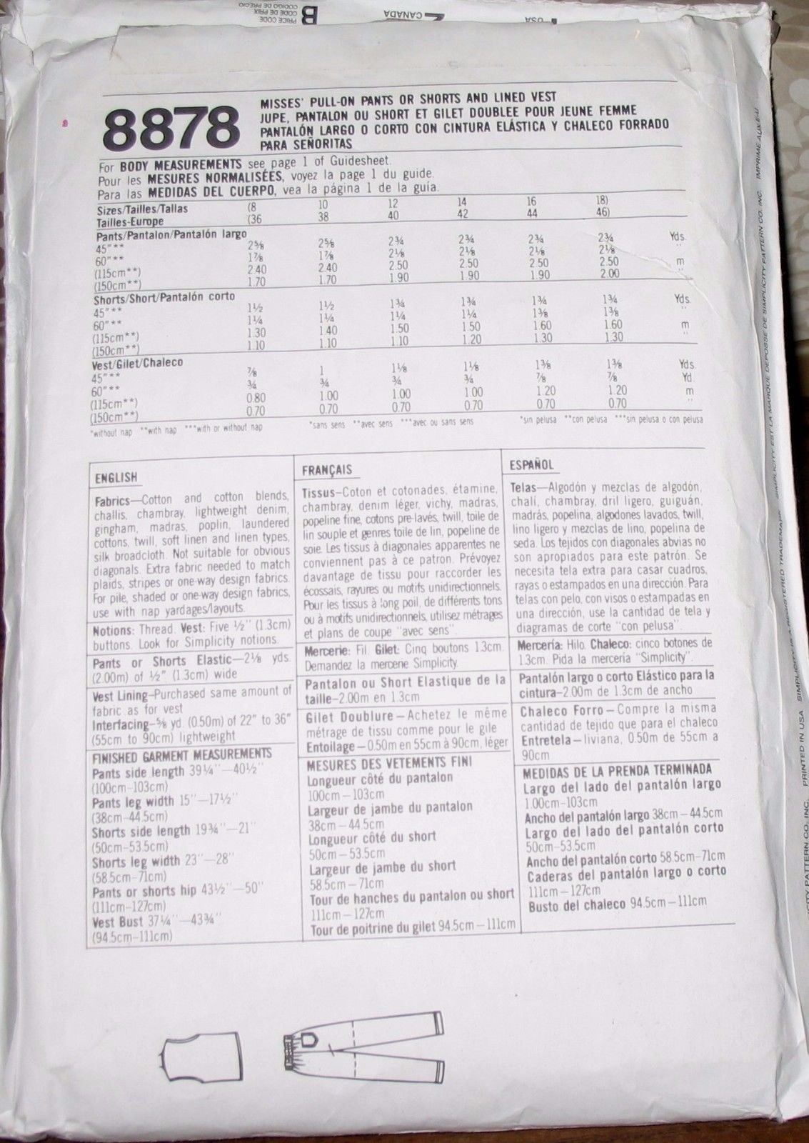 Simplicity sewing pattern no.8878 ladies slacks&shorts size 14 vest not ...