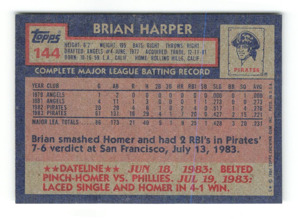 1984 Topps Brian Harper #144 RC Pittsburgh Pirates Baseball Card | eBay
