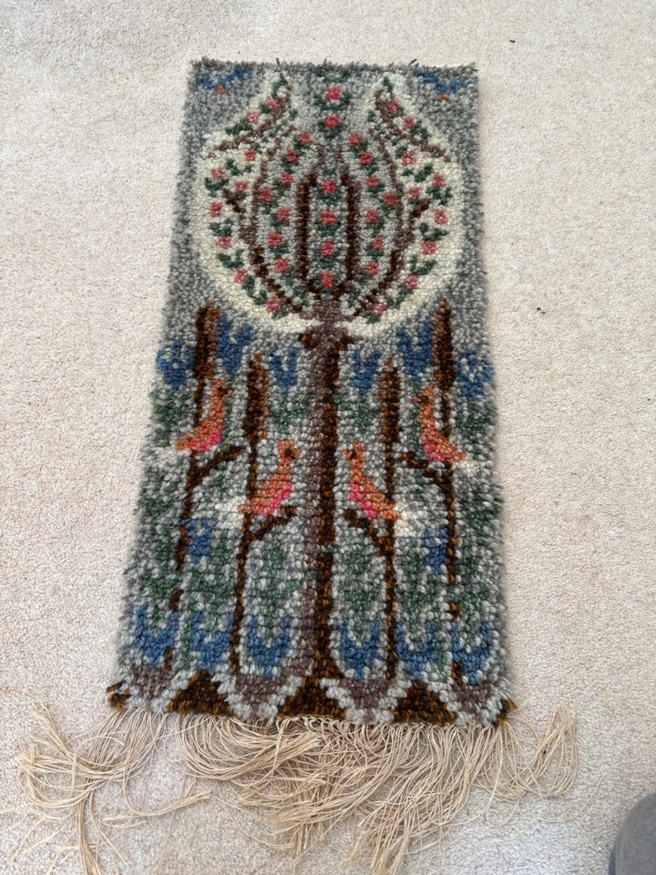 Vintage MCM Scandi Swedish Rya Rug - flowers & wheat, birds - natural ...