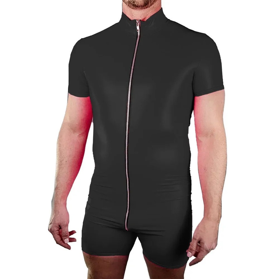 Mens Shiny PVC Playsuit Mock Neck Short Sleeve Rompers Open Crotch Club ...