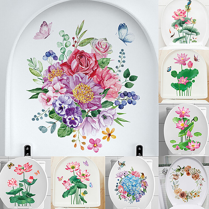 WC Stickers Toilet Floral Wall Sticker For Bathroom Toilet Lid Sticker ...