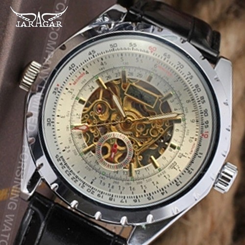 Jaragar Automatic Stainless Steel Leather Strap Skeleton Sports Watch ...