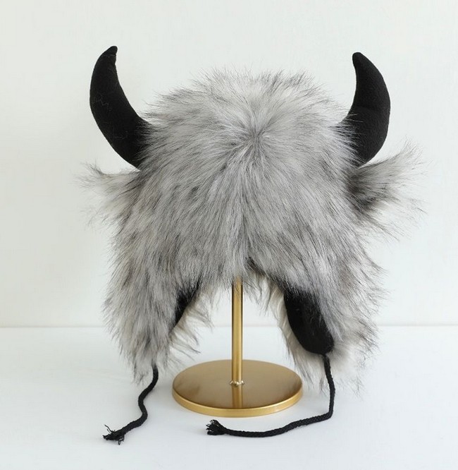 Winter Men Fur Ear Flap Hat Cap Trapper Fleece Funny Cow Horn Ear Party ...