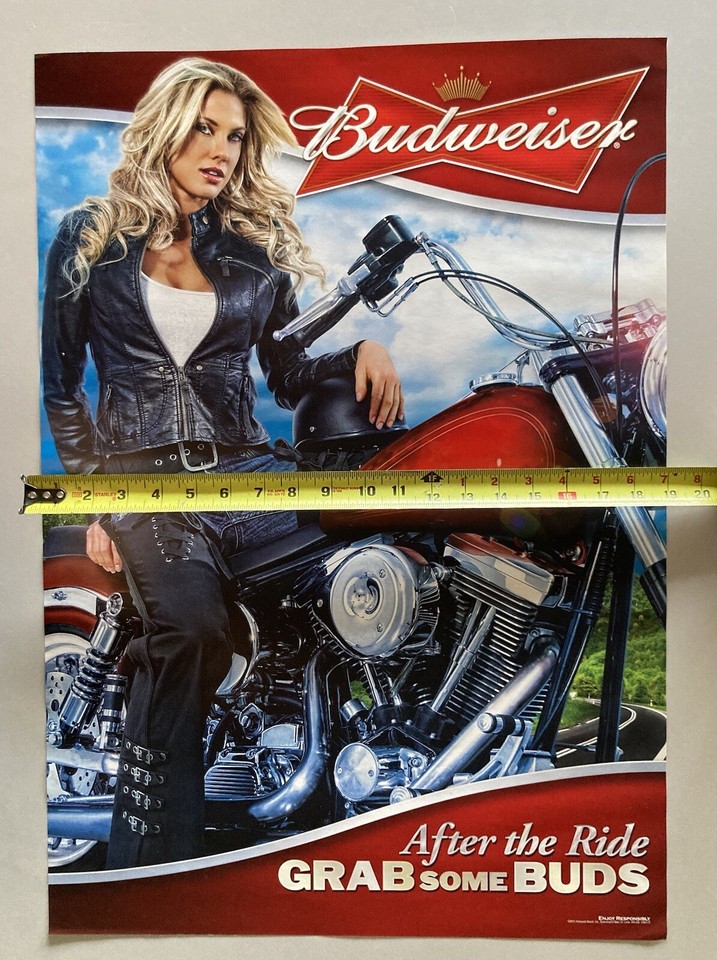 NOS Budweiser Motorcycle Paper Poster Bar Sign Girl Model Bud Harley ...