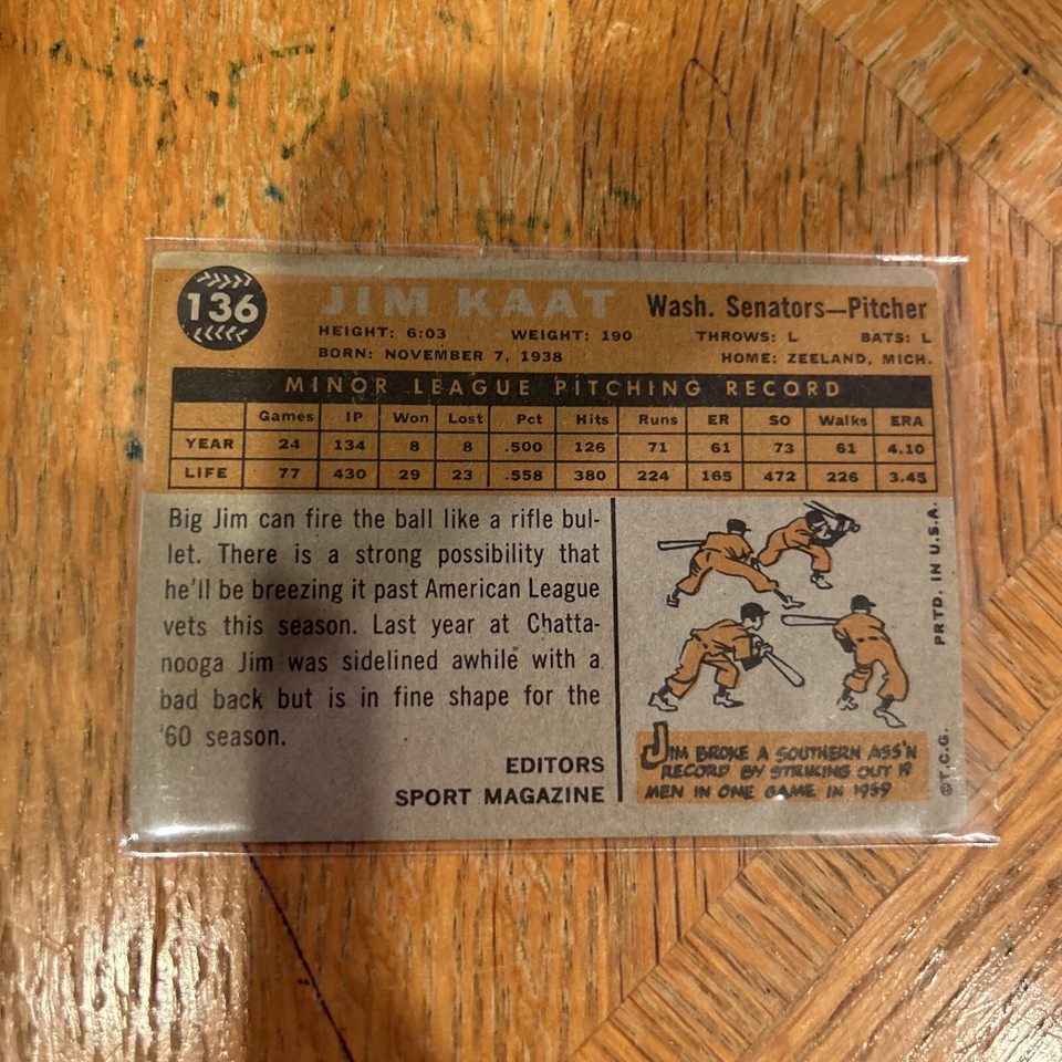 Signed Jim Kaat 1960 Topps Baseball Card Rookie Star #136 (RC) Senators ...