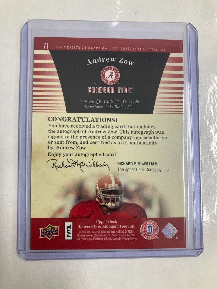 2012 Upper Deck Alabama ANDREW ZOW base AUTO football card - LOOK! | eBay