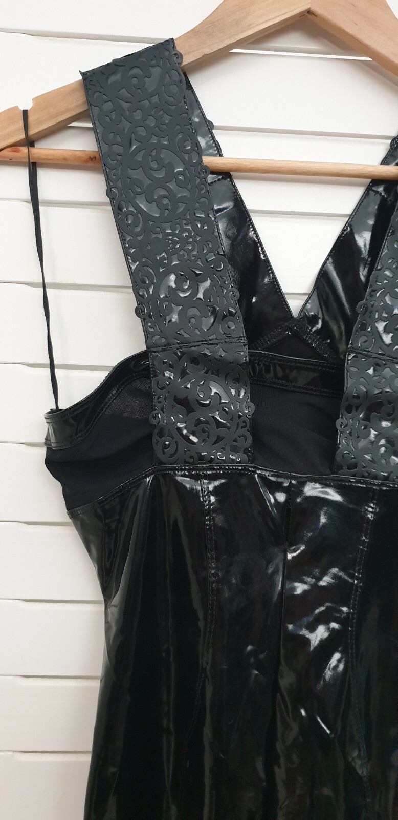 BNWT PATRICE CATANZARO XS 6 8 Blk Vinyl Wet Look DRESS mesh Cocktail ...