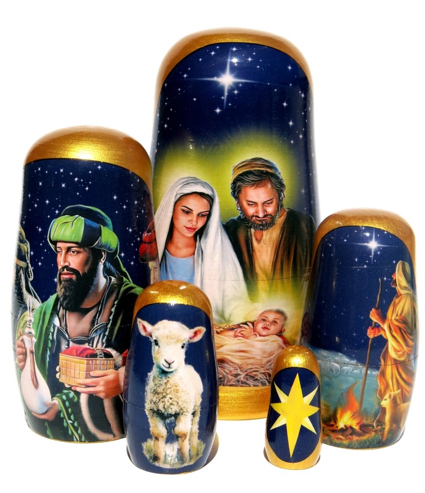 Russian Nesting Dolls, Nativity Jesus 5 PC Stacking Doll, Christmas ...