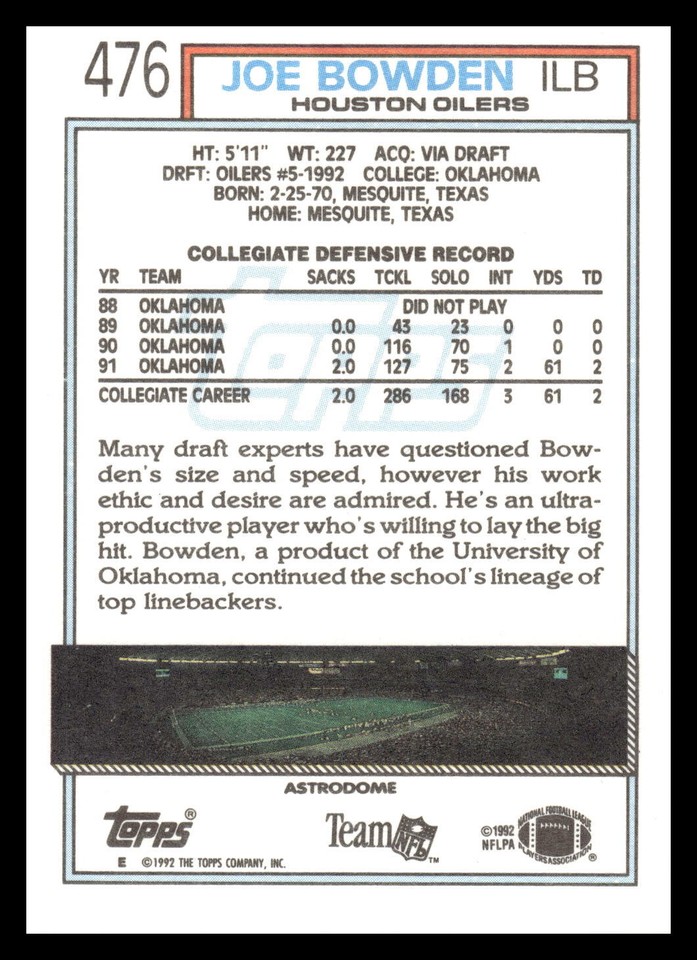 1992 Topps #476 Joe Bowden Draft Pick Football Card NM | eBay