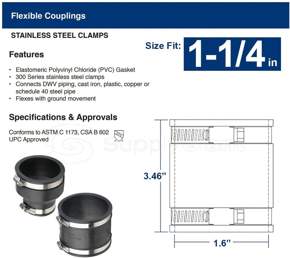 Flexible Pvc Coupling with Stainless Steel Clamps 1-1/4'' inch, Black ...