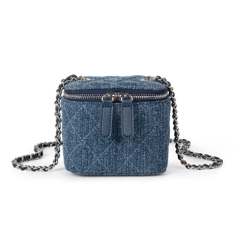 Mini Quilted Denim Shoulder Bag Vanity Case Purse Box Clutch Crossbody ...