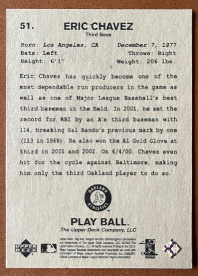 2003 Upper Deck Play Ball #51 Eric Chavez Oakland Athletics Baseball ...