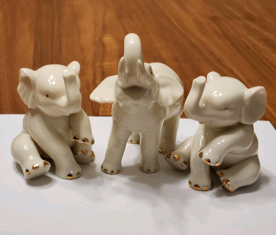 Set of 3 Lenox Porcelain Elephants with gold trim. Excellent Condition ...