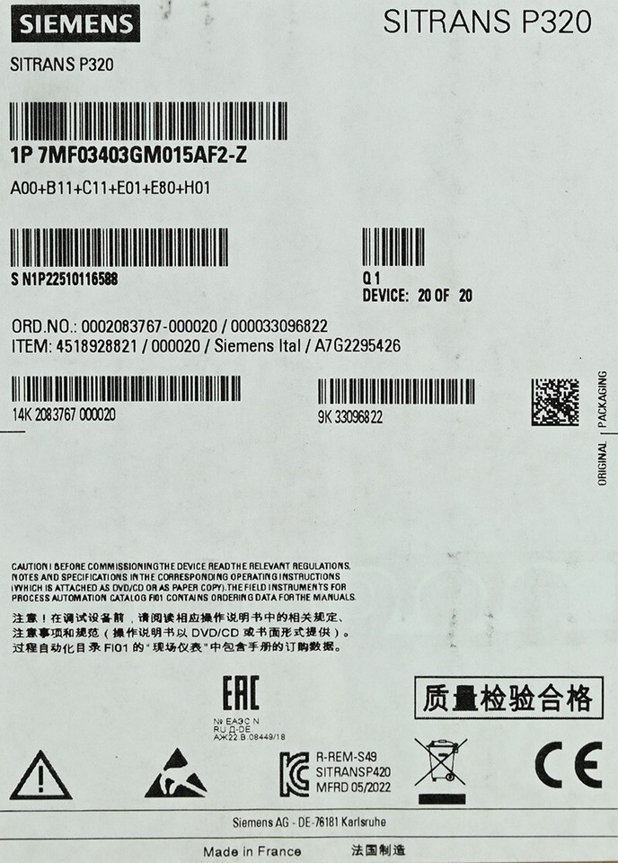 Siemens 7MF03403GM015AF2-Z Sitrans P320 7MF03 HNU Neu versiegelt ...