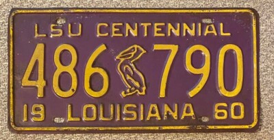 Louisiana 1960 LSU CENTENNIAL PELICAN License Plate # 486 790 | eBay