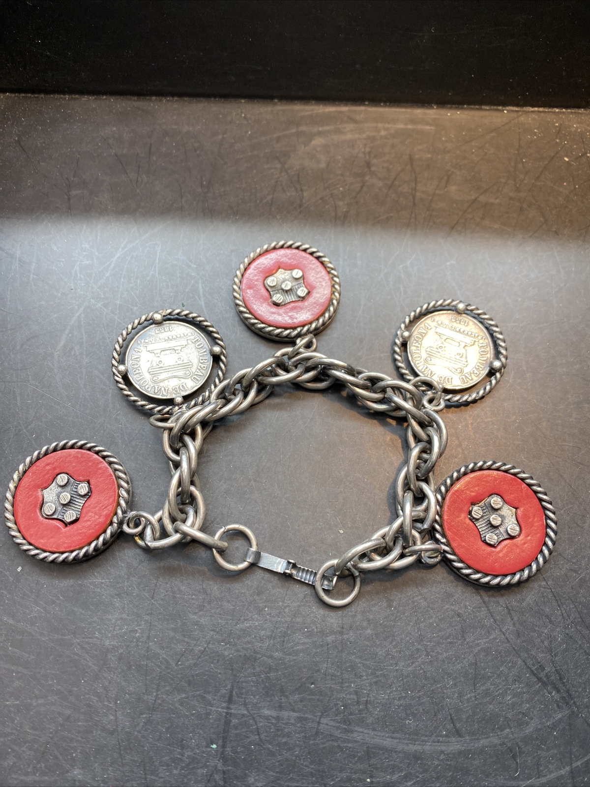 Vintage French Bracelet Statement Charm Silver Tone … - Gem